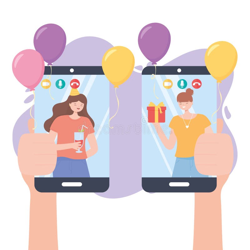 Online Party, Hands with Mobile Phone and People in Video Call ...