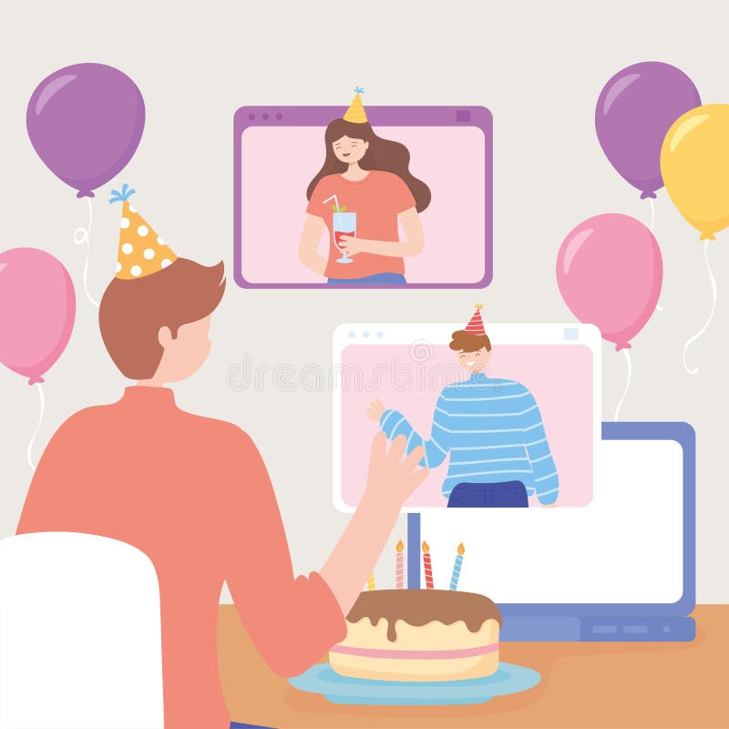 Online Party, Man with Cake and Balloons Celebration with Friends by ...