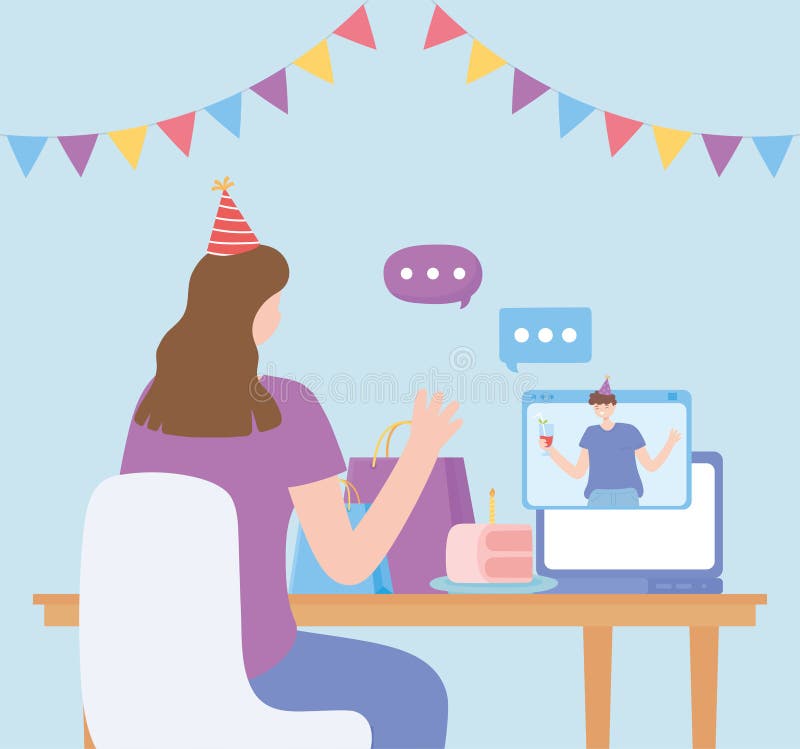 Online Party, Woman and Man Talking by Computer Celebration Birthday ...