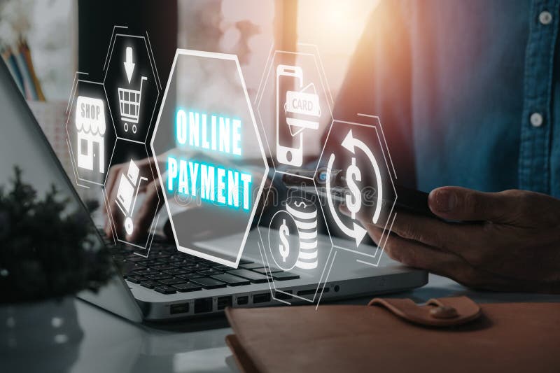 Person Working on Laptop Computer with Online Payment Icon on Virtual ...