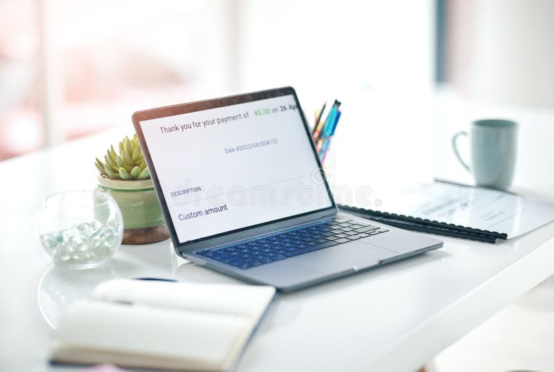 Online Payment Confirmation, Laptop and Empty Office with Ecommerce Pay ...