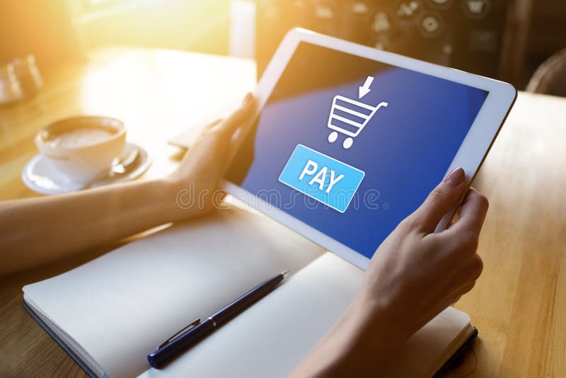 Online Payment an E-commerce Concept. Pay Button on Tablet Screen ...