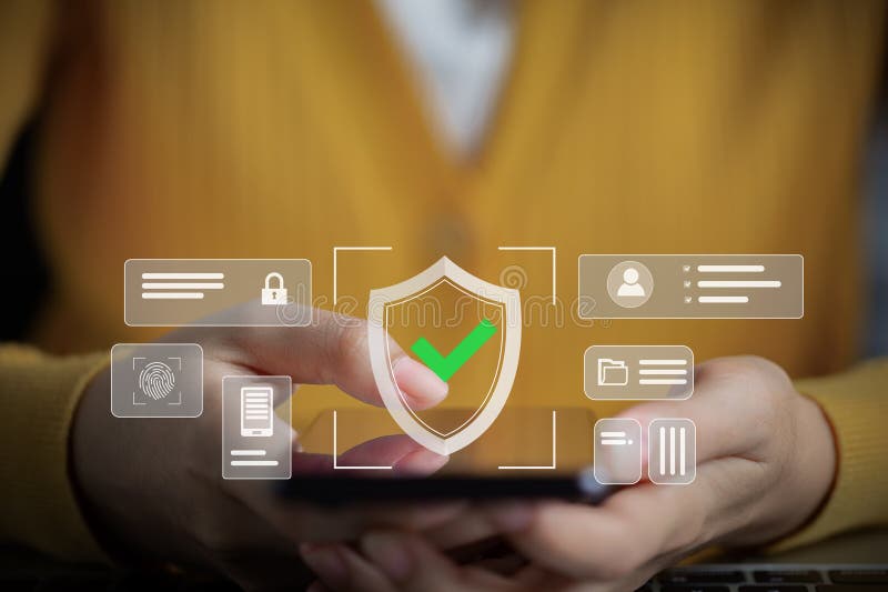 Online Privacy Security Concept. Female Hand Scanning Fingerprints on ...