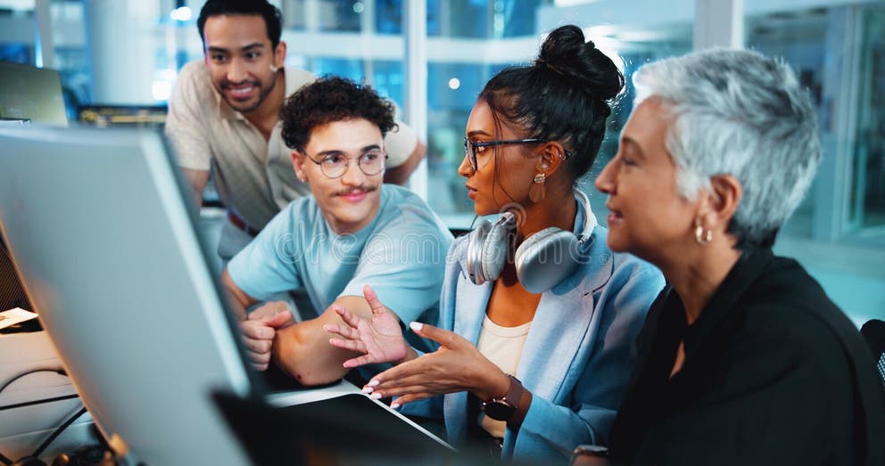 Online, Programmer and Group with Computer, Discussion and ...