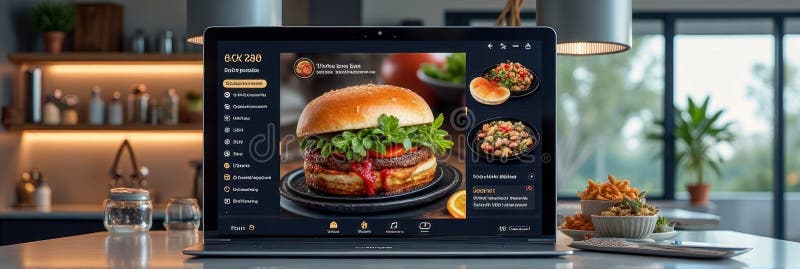 Online Recipe Platform Displaying Gourmet Burger and Salad on Laptop in ...