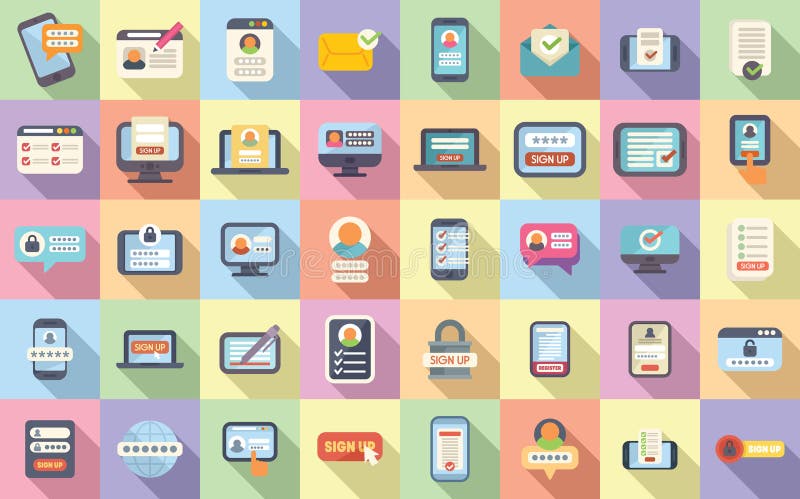 Online Registration Icons Set Flat Vector. Apply Device Stock Vector ...