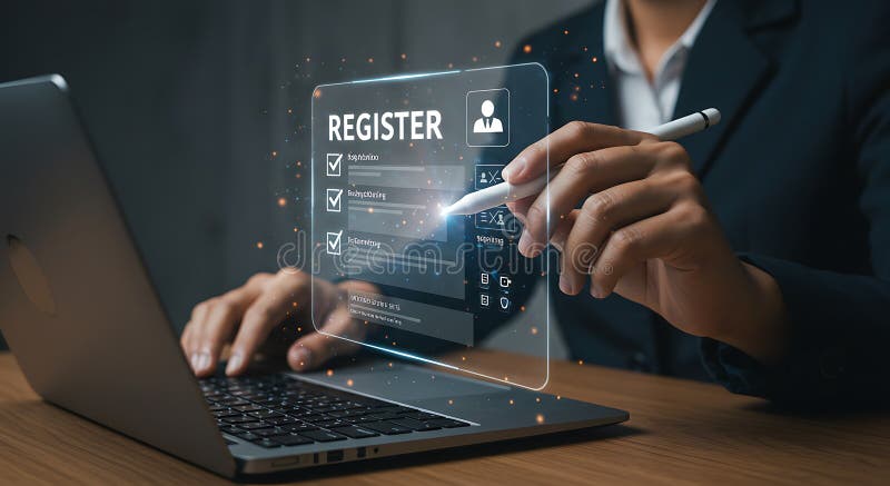 Online Registration Process with Digital Pen on Virtual Screen Stock Illustration - Illustration ...