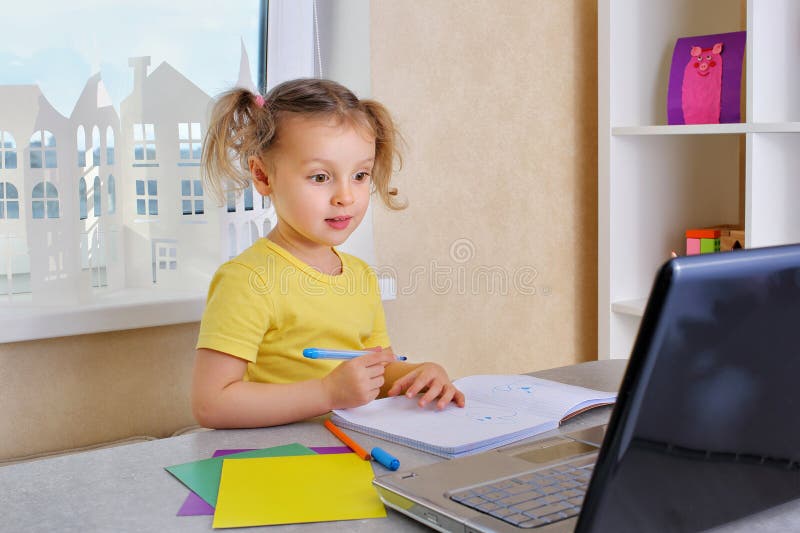 Online Remote Learning. School Kid with Computer Having Video ...