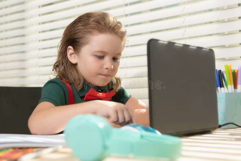 Online Remote Learning. School Kids with Computer Having Video ...