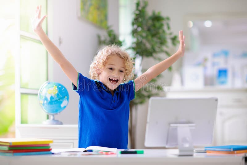 Online Remote Learning. School Kids with Computer Stock Image - Image ...