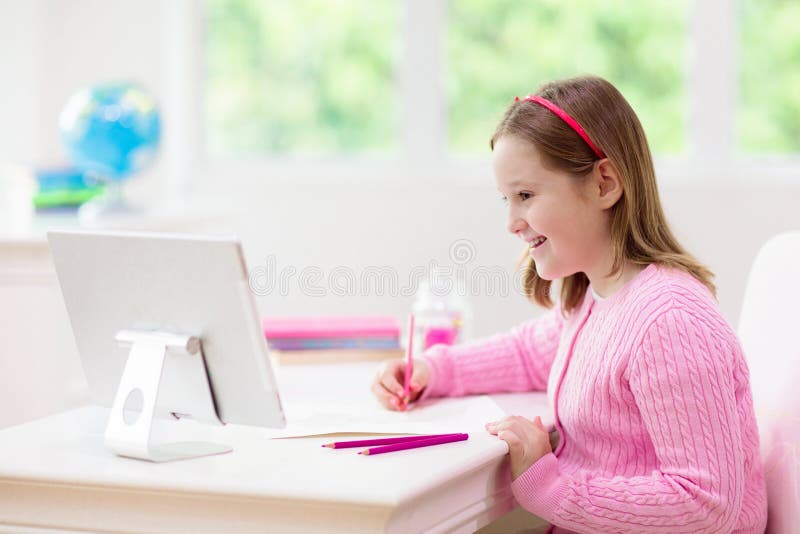 Online Remote Learning. School Kids with Computer Stock Photo - Image ...
