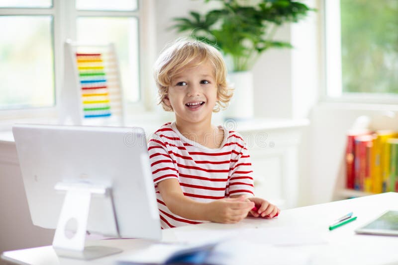 Online Remote Learning. School Kids with Computer Stock Photo - Image ...