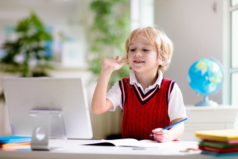 Online Remote Learning. School Kids with Computer Stock Photo - Image ...