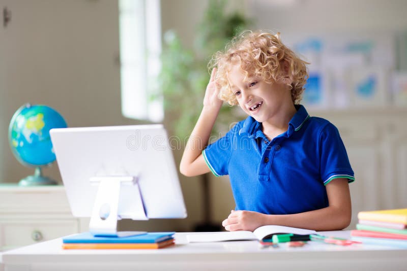 Online Remote Learning. School Kids with Computer Stock Image - Image ...