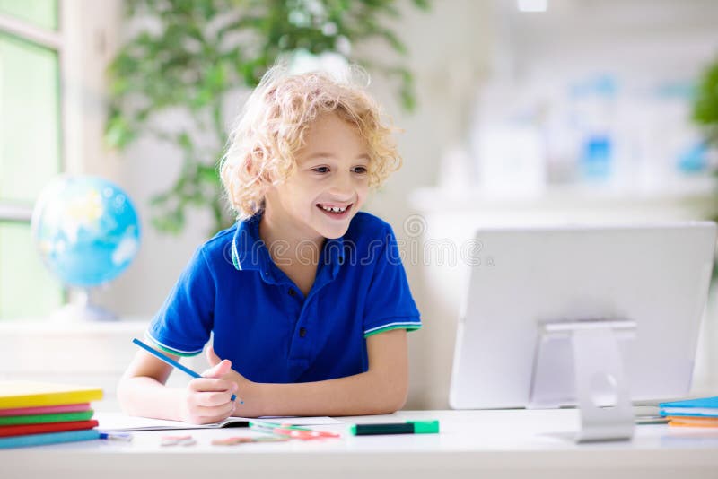 Online Remote Learning. School Kids with Computer Stock Image - Image ...