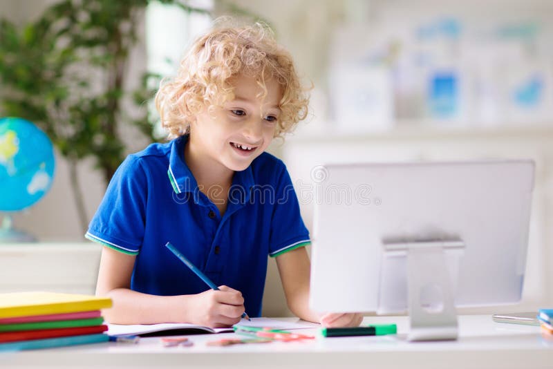 Online Remote Learning. School Kids with Computer Stock Image - Image ...