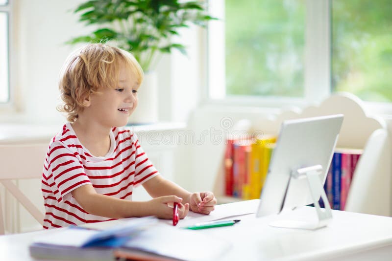 Online Remote Learning. School Kids with Computer Stock Image - Image ...