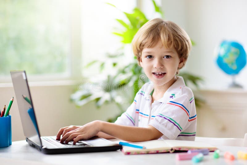 Online Remote Learning. School Kids with Computer Stock Image - Image ...