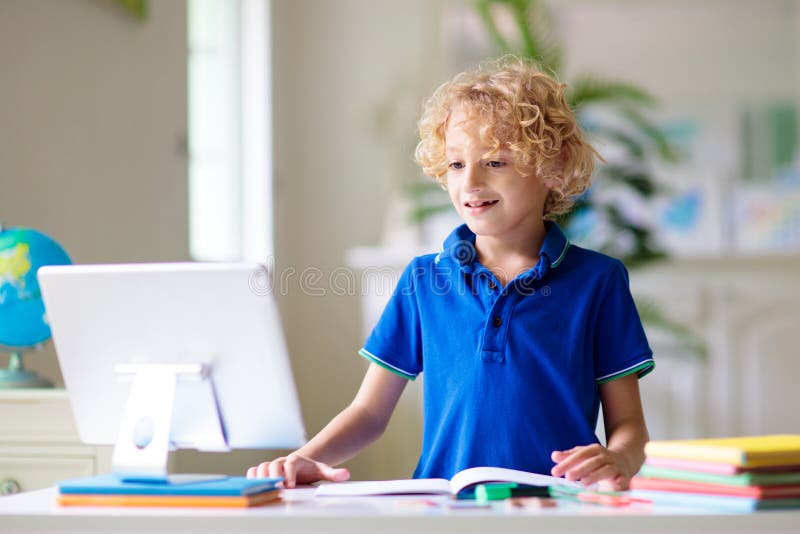 Online Remote Learning. School Kids with Computer Stock Photo - Image ...