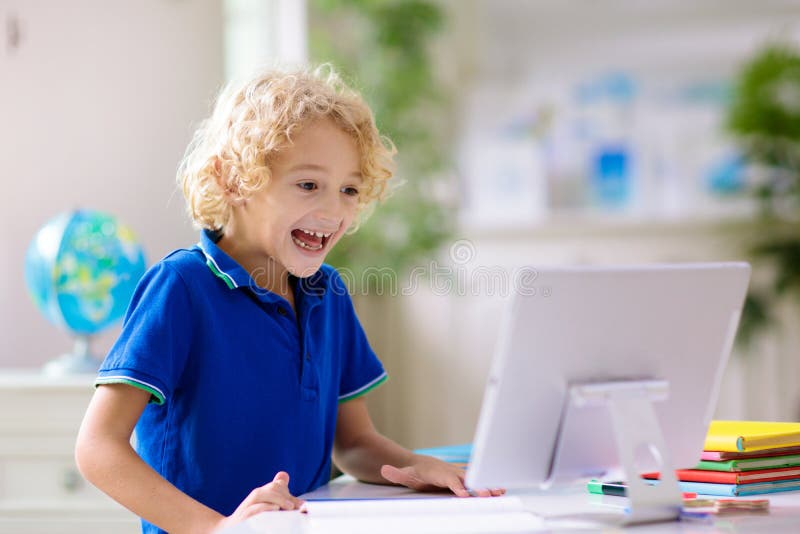 Online Remote Learning. School Kids with Computer Stock Image - Image ...