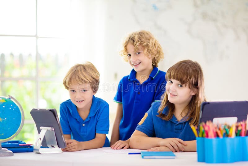 Online Remote Learning. School Kids with Computer Stock Photo - Image ...