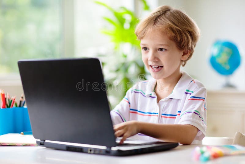 Online Remote Learning. School Kids with Computer Stock Image - Image ...