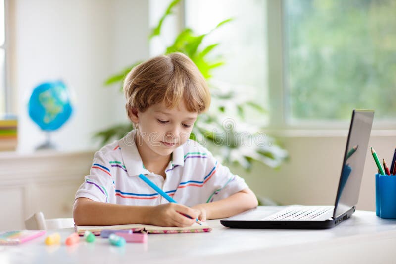 Online Remote Learning. School Kids with Computer Stock Image - Image ...