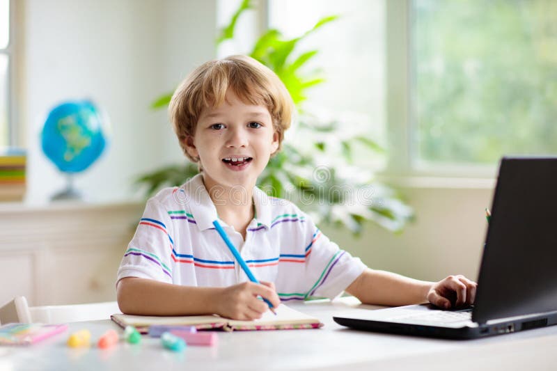 Online Remote Learning. School Kids with Computer Stock Image - Image ...
