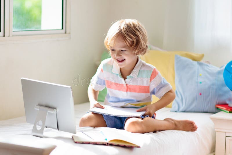 Online Remote Learning. School Kids with Computer Stock Image - Image ...