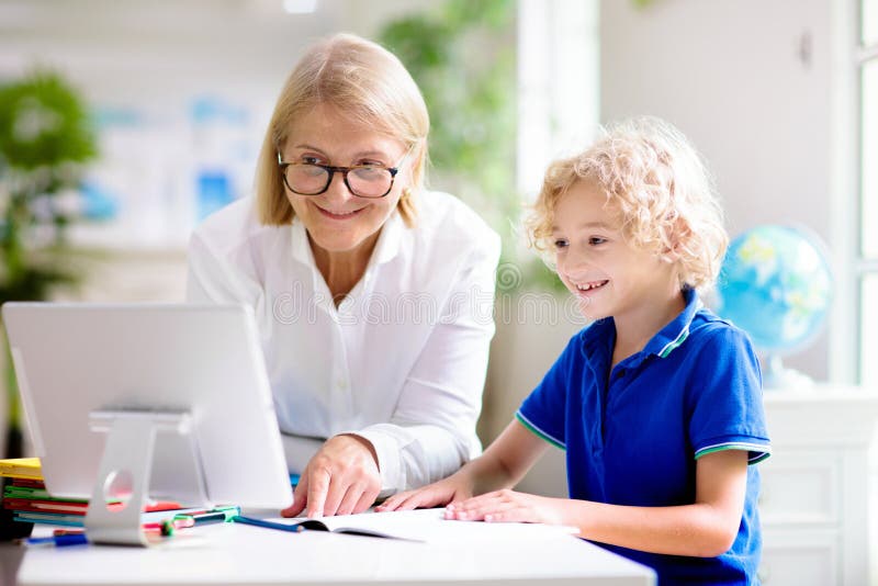 Online Remote Learning. School Kids with Computer Stock Photo - Image ...
