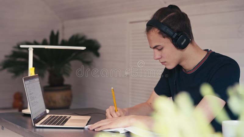 Boy Study at Home. Boy Study on Laptop with Family Playing Around Stock ...