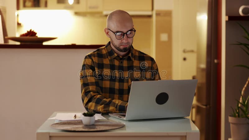 Online Remote Work Bearded Bald Young Handsome Caucasian Man Wearing