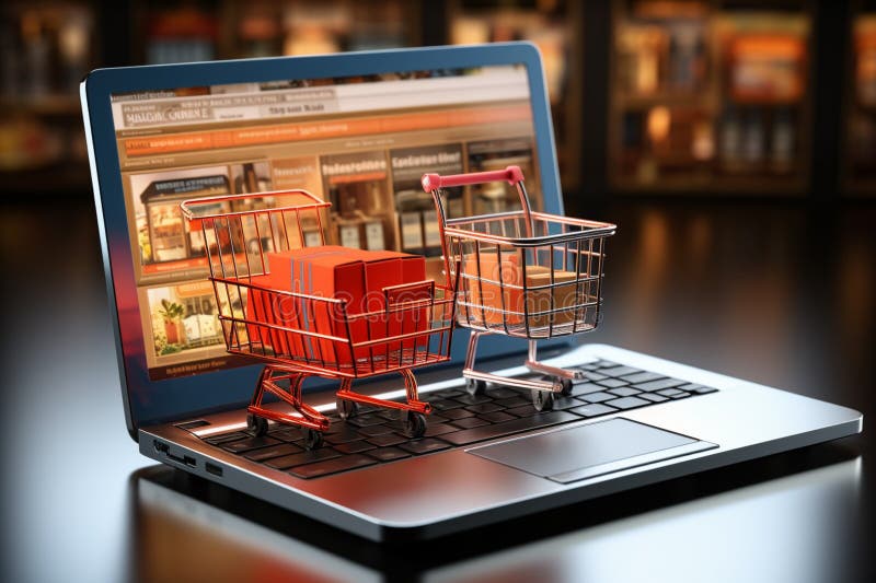 Online Retail at Its Core Laptop, Shopping Basket, Keyboard Epitomize E ...