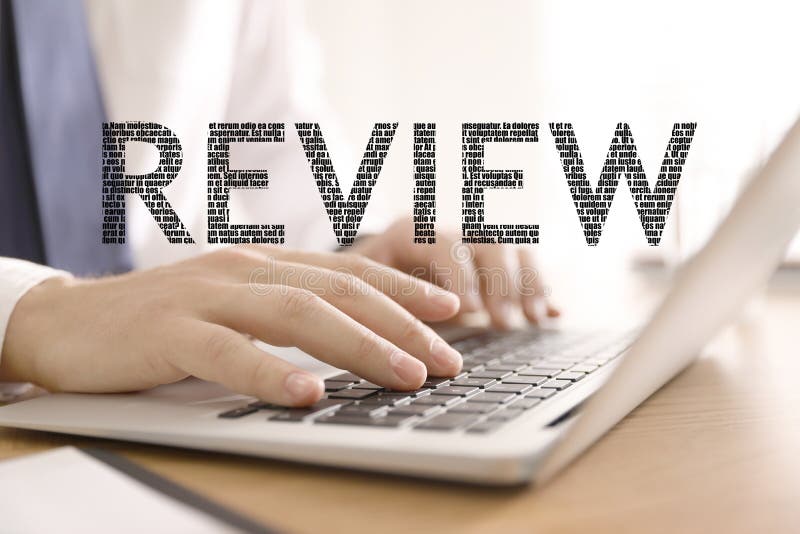 Online Review. Man Using Laptop To Leave Feedback, Closeup Stock Photo ...