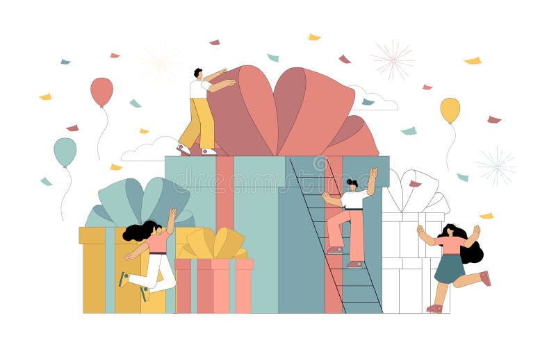 Online Reward Concept. People Rejoice in Receiving Gift Boxes. Victory ...