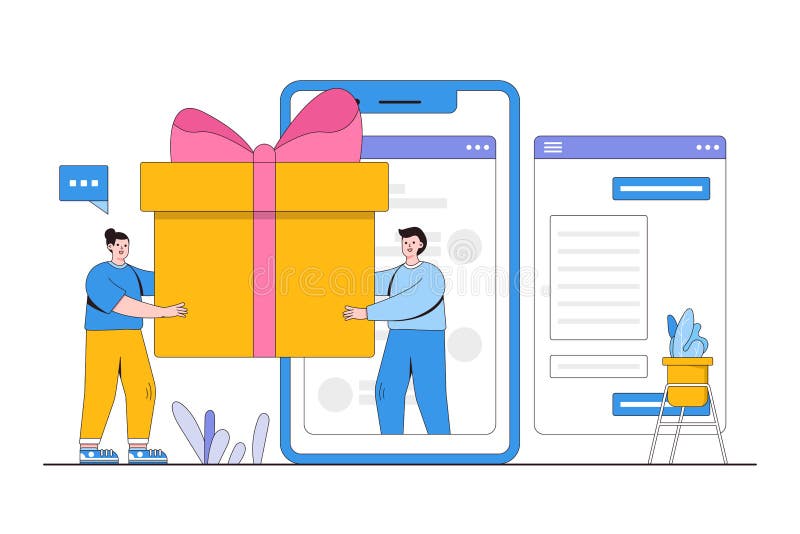 Online Reward Concept. Young Man Getting Bonuses and Receiving Gift ...