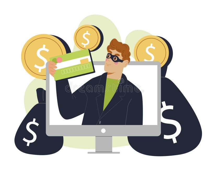 Online Scammer Holding Stolen Credit Card. Vector Illustration Stock ...