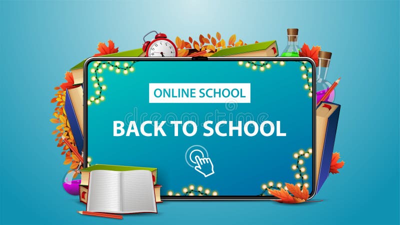 Online School, Back To School, Blue Banner with Tablet and School ...