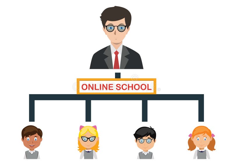 Online School. Pupils and Teacher Studying Online Stock Illustration ...