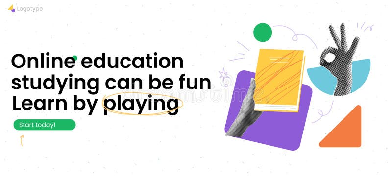 Online School Vector Banner with Fun Shape, Book and Halftone Element ...