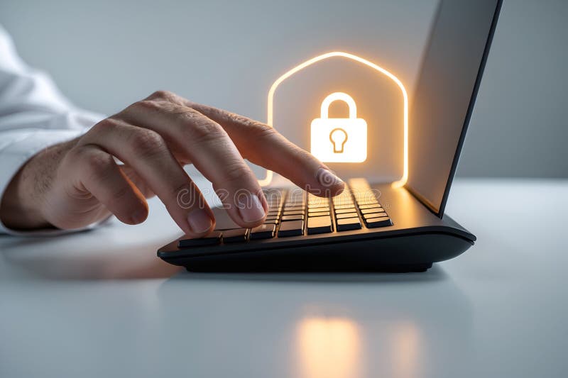 Online Security Protection with Man Typing on Laptop Protecting Data ...