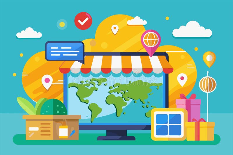 An Online Shop Design Features a Globe on a Computer, Representing ...