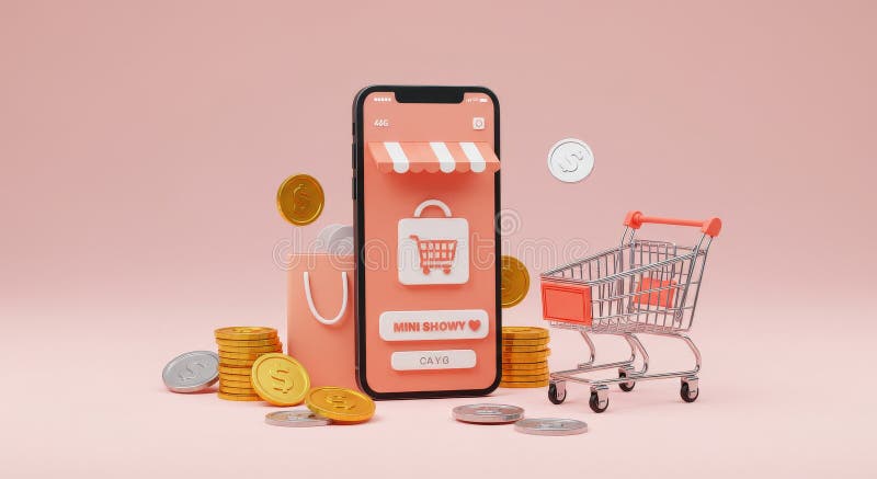 Online Shopping App Interface 3D of a Mobile Phone Displaying a ...