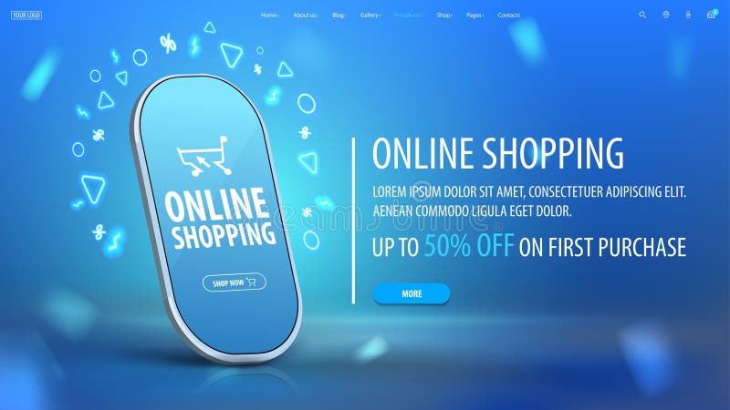 Online Shopping, Blue Discount Web Banner with Offer and Smartphone on ...
