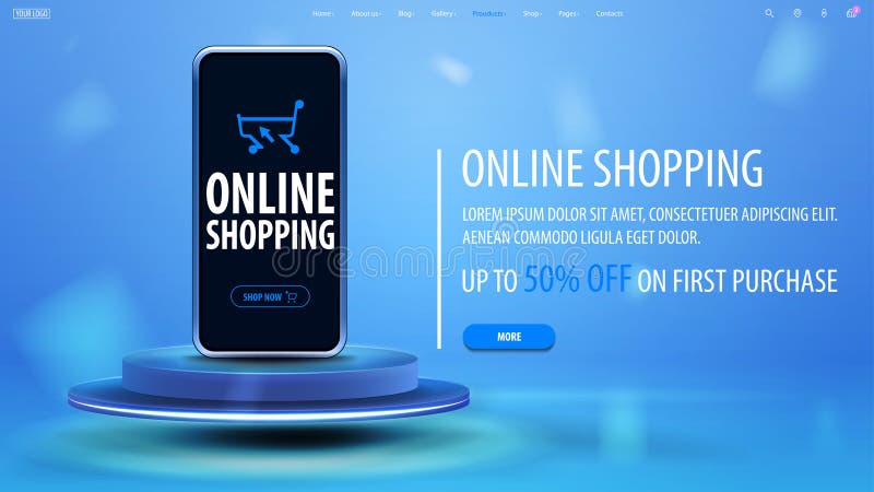 Online Shopping, Blue Web Banner with Smartphone on Blue Podium and ...