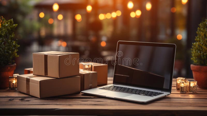 Online Shopping. Cardboard Boxes and a Laptop. Ordering Goods in the ...
