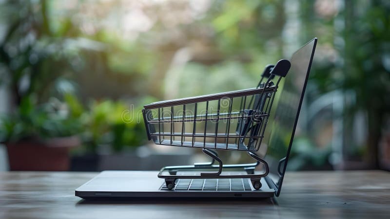Online Shopping Cart with Laptop in Shopping Cart Using Internet ...