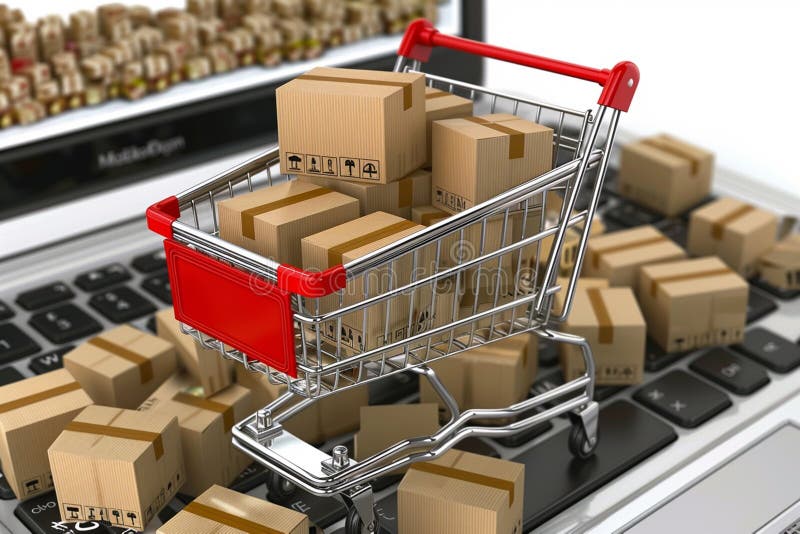 Online Shopping Concept with Cart Full of Boxes on Top of Laptop ...