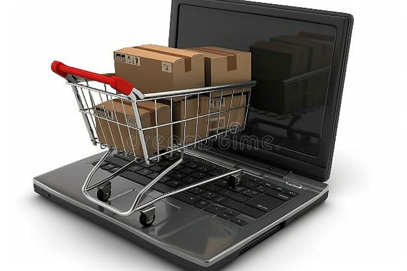 Online Shopping Concept with Cart Full of Boxes on Top of Laptop ...