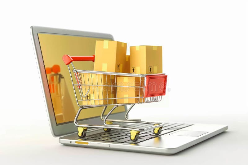 Online Shopping Concept with Cart Full of Boxes on Top of Laptop ...
